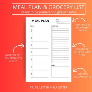 Weekly Meal Planner With Grocery List and Budget Printable Template, 7 ...