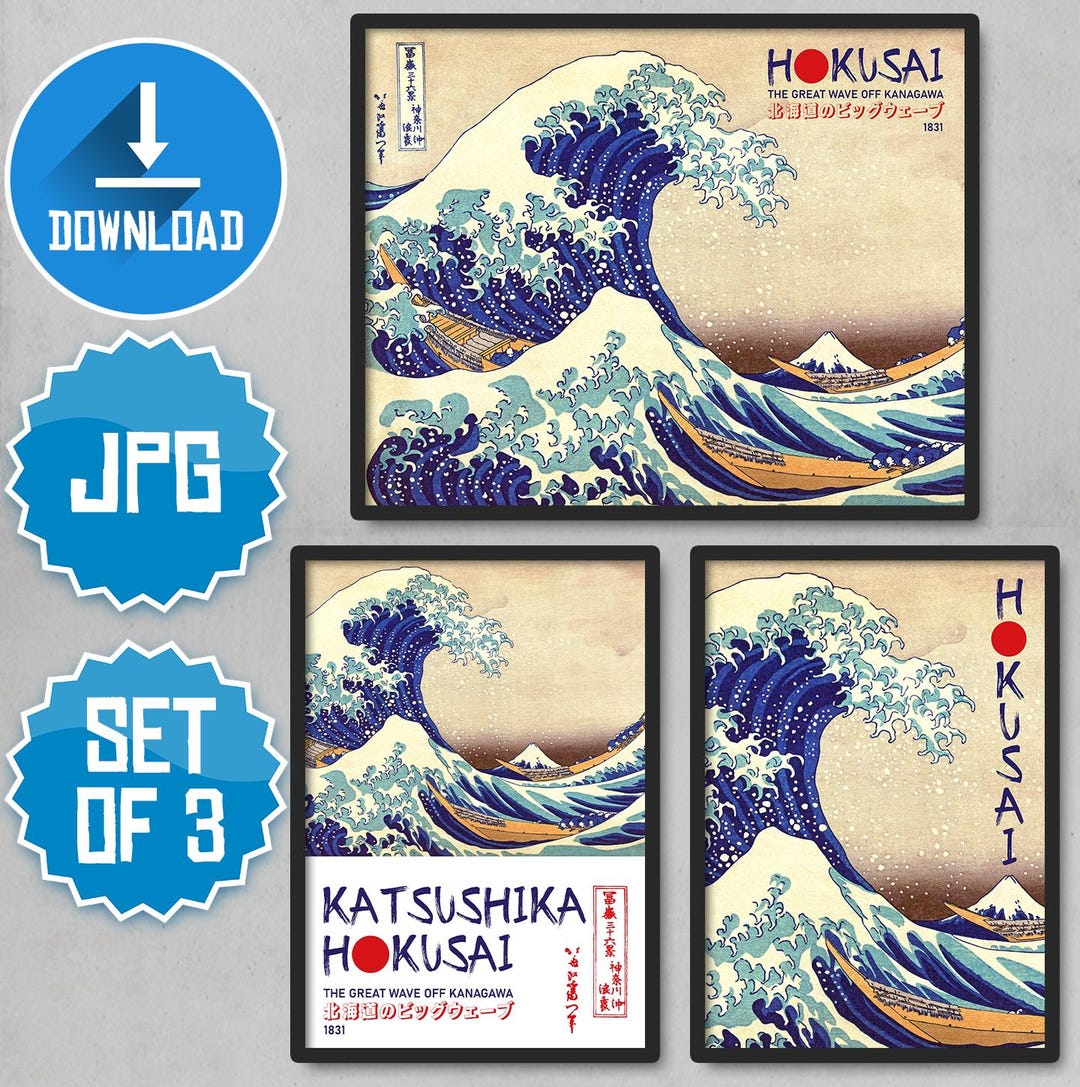The Great Wave off Kanagawa Poster Set, Hokusai Japanese Art Print 3 ...