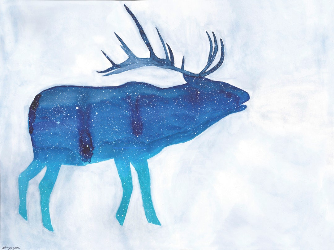 Star Elk Watercolor Art Print Blue Turquoise Stars Starry Sky Gift ...