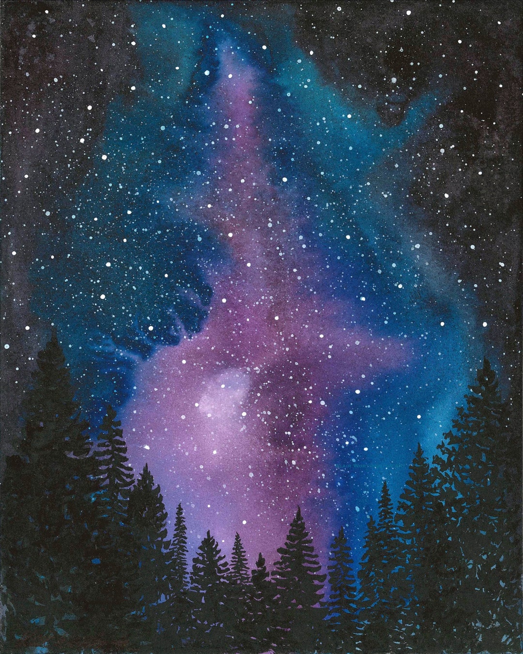 Purple Starry Sky Northern Lights Art Print Mountain Forest Watercolor ...