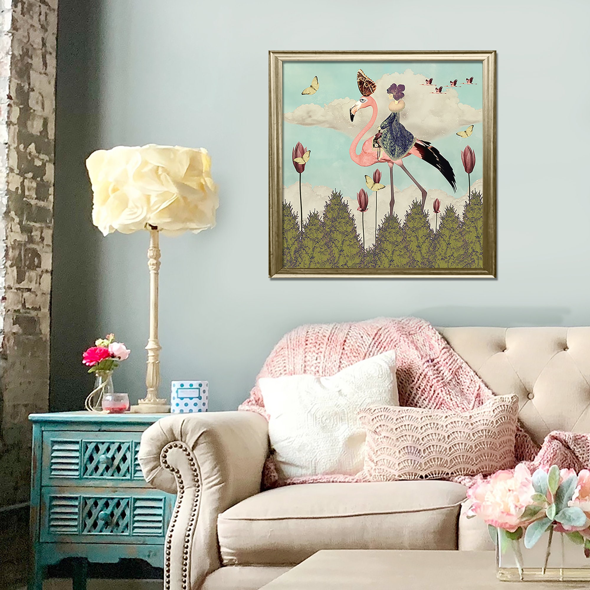 Woman Riding a Giant Flamingo Art Print, Unframed Surreal Poster ...