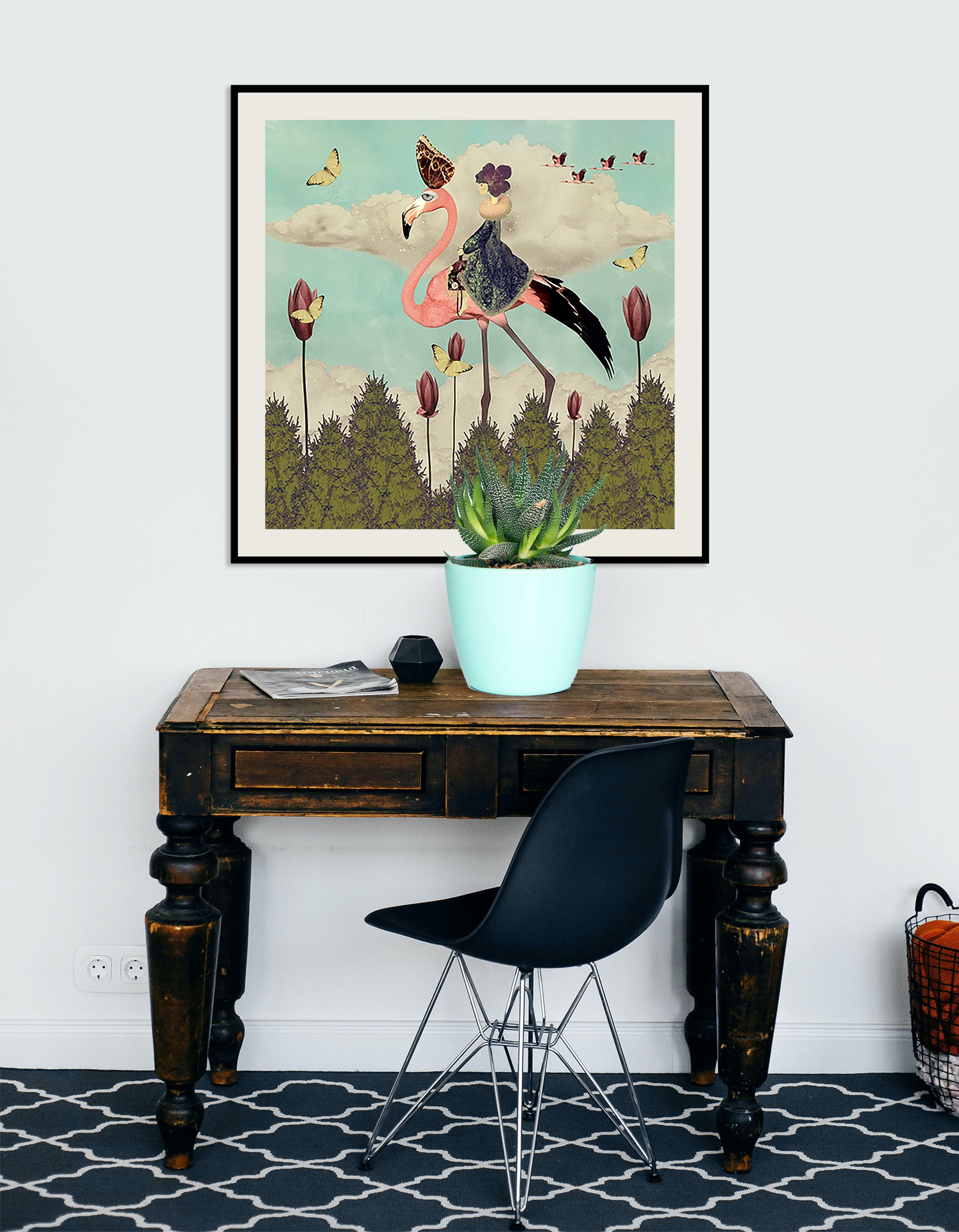 Woman Riding a Giant Flamingo Art Print, Unframed Surreal Poster ...
