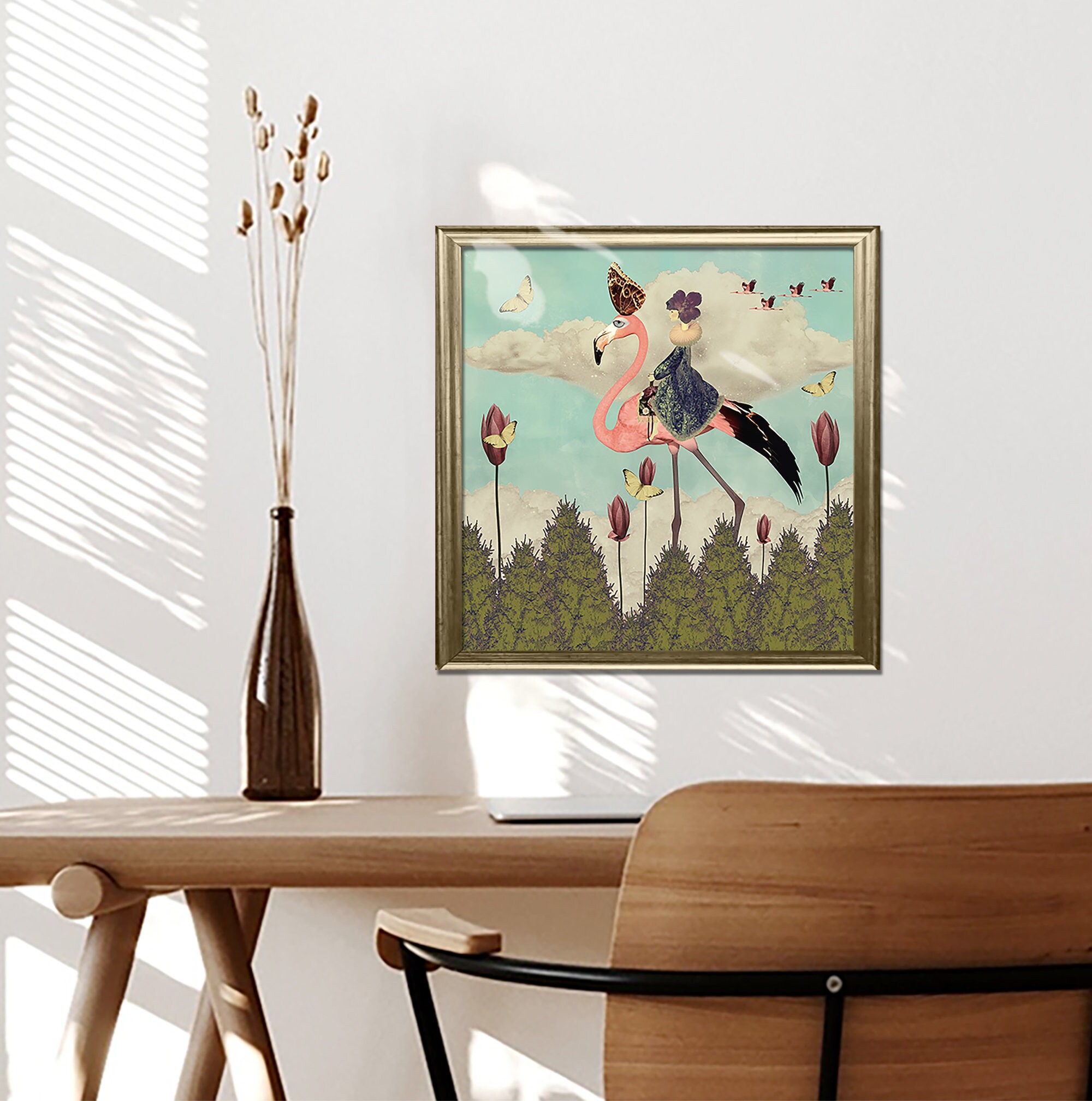 Woman Riding a Giant Flamingo Art Print, Unframed Surreal Poster ...
