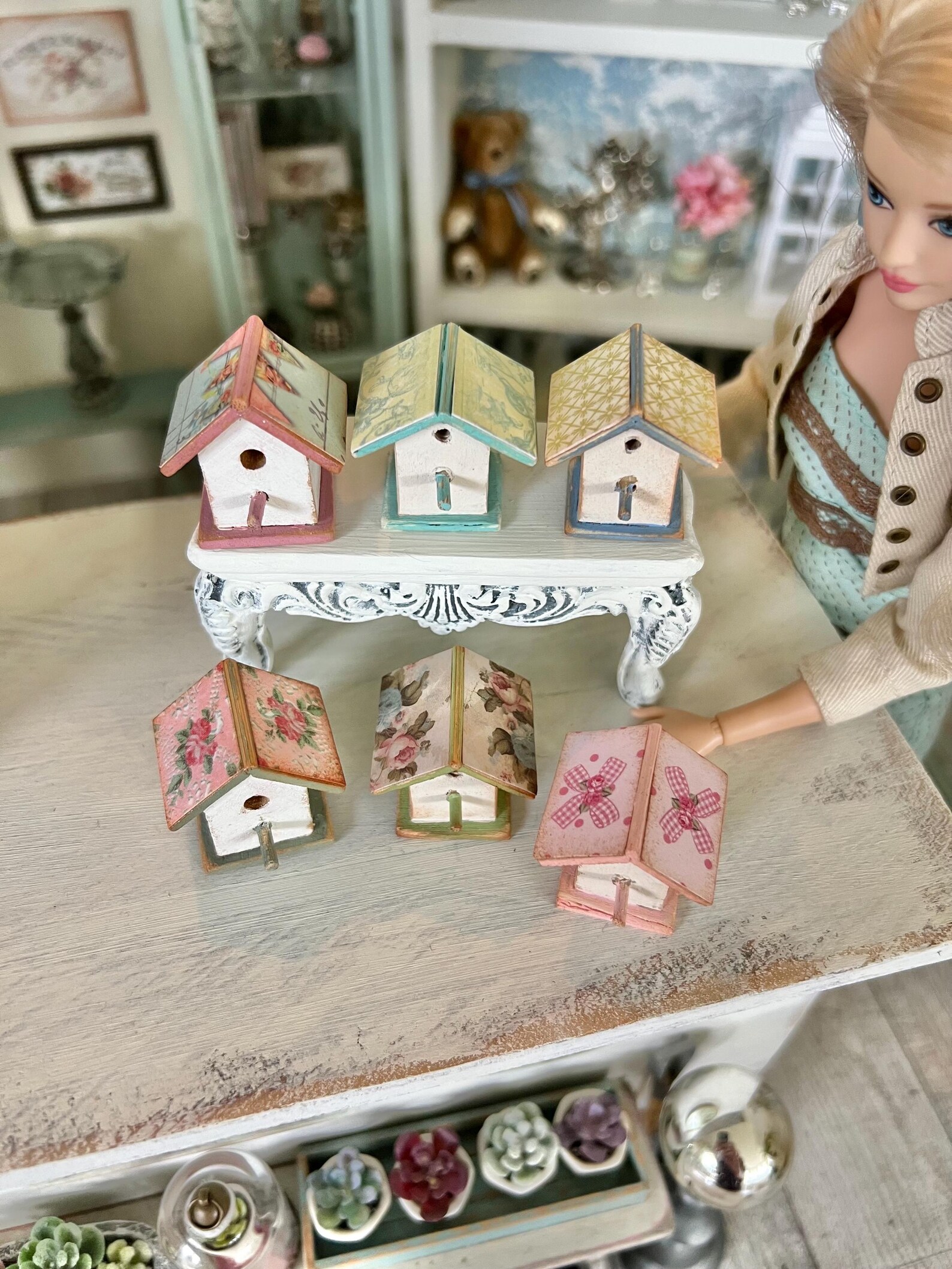 Fashion Doll One Sixth Scale Miniature Bird House Birdhouse Shabby Chic ...
