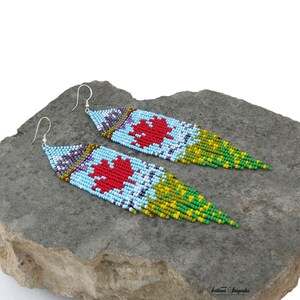 Maple Leaf Beaded Earrings Canadian Mountain Landscape Fringe Statement ...
