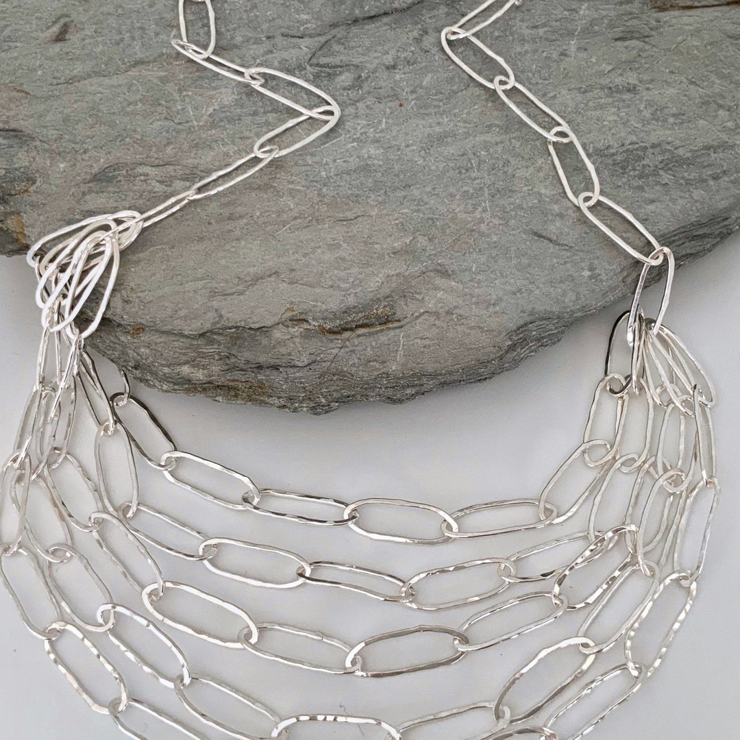 Handmade Silver Chain Necklace With Oblong Links, Multi Strand Silver ...