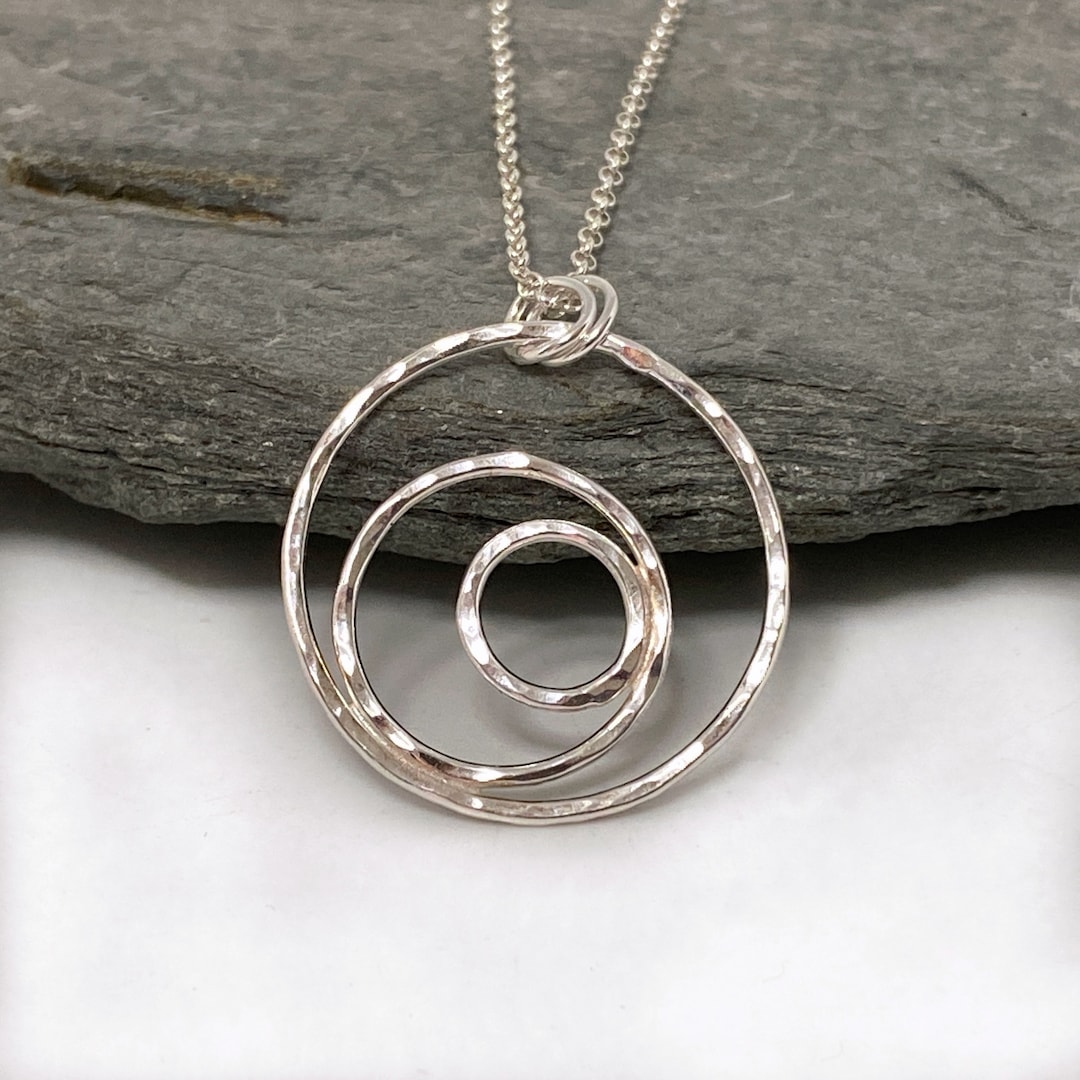 Silver Circles Pendant, Hammered Silver Necklace, Round Pendant With Three Circles, Silver ...