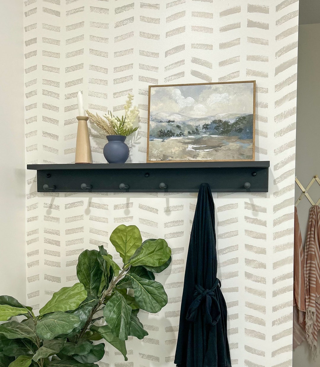 Shelf With Hooks Playroom Organizer Kitchen Decor Wooden Peg Rail ...