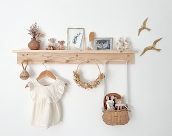 Shelf With Hooks | Towel Rack | Kitchen Decor | Wooden Peg Rail ...