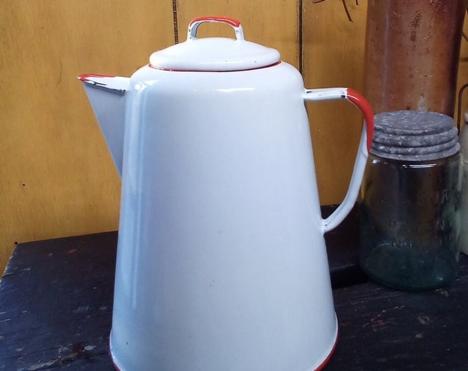 Coffee Pot / Vintage White Enamelware Coffee Pot With Red Trim ...