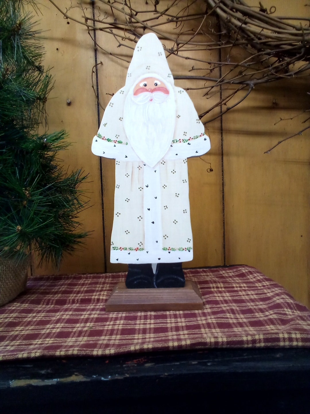 Santa / Handcrafted Hand Painted Wood Santa / Santa in A White Hooded ...