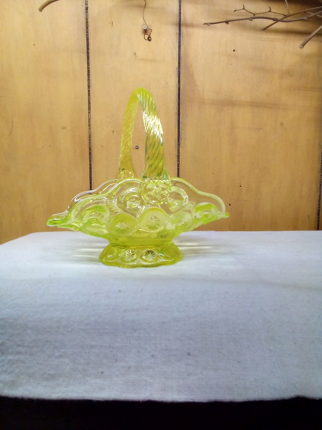 Glass / Vaseline Glass Basket / the Pattern is Moon and Star / Moon and ...