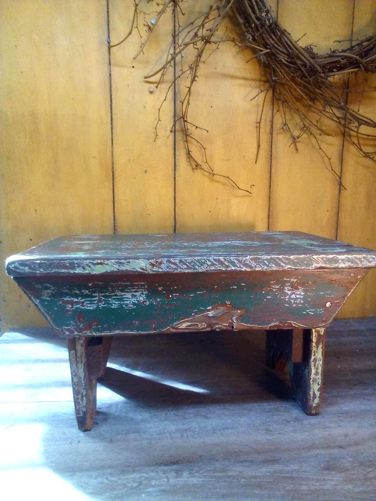 Primitive Farmhouse Unique Wood Foot Stool: Brown, Green & White Bench ...