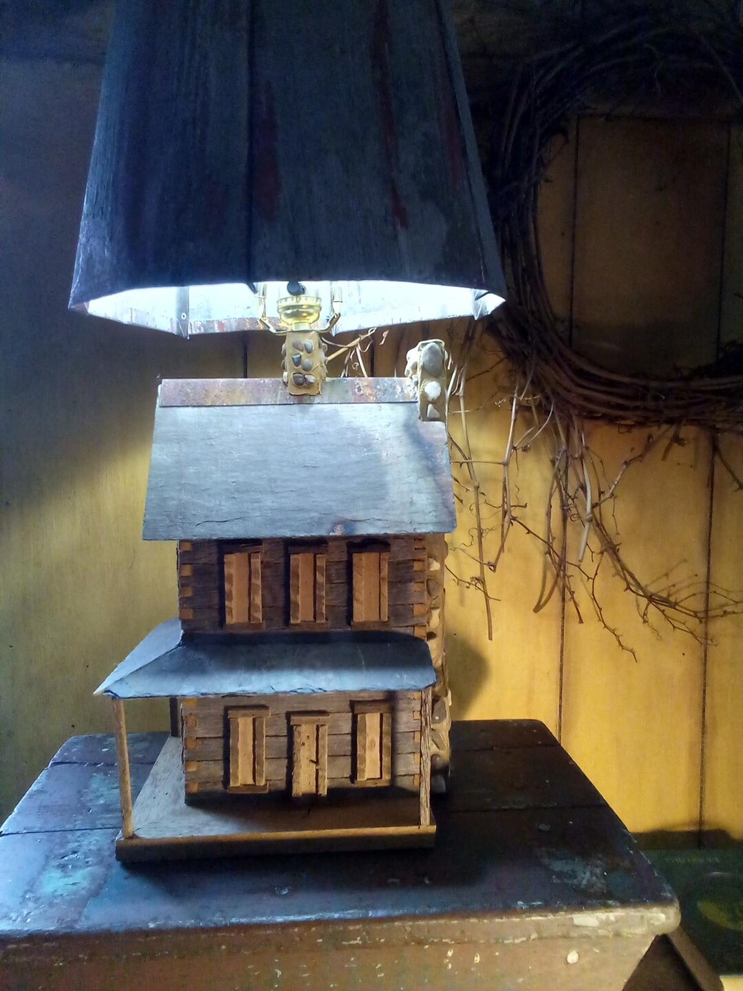 Log Cabin / Handcrafted Wood Log Cabin Lamp With A Rusty Tin Shade ...