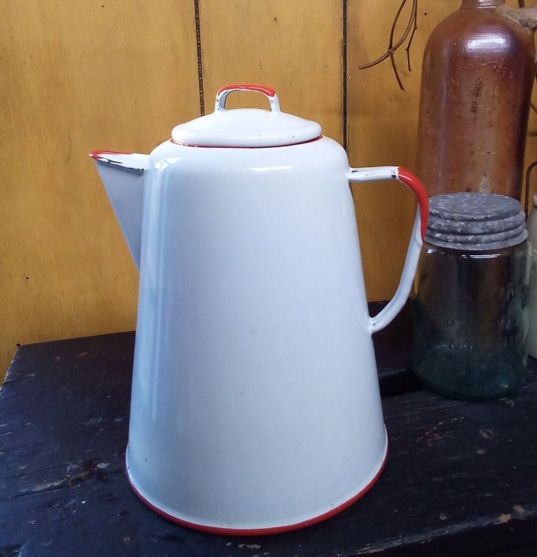 Coffee Pot / Vintage White Enamelware Coffee Pot With Red Trim ... Coffee Pot / Vintage White Enamelware Coffee Pot With Red Trim ...