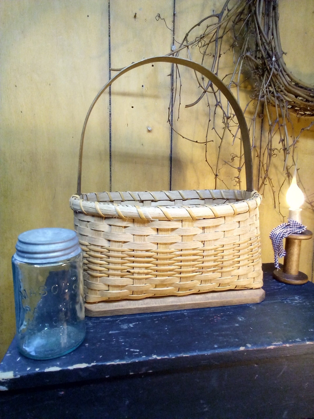 Basket With Pecan Stained Wood Bottom / Oak Splint Handmade Vintage ...