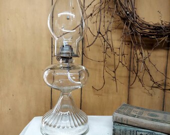 Oil Lamp / Large Antique-vintage Clear Glass Three Part Mold Oil Lamp ...