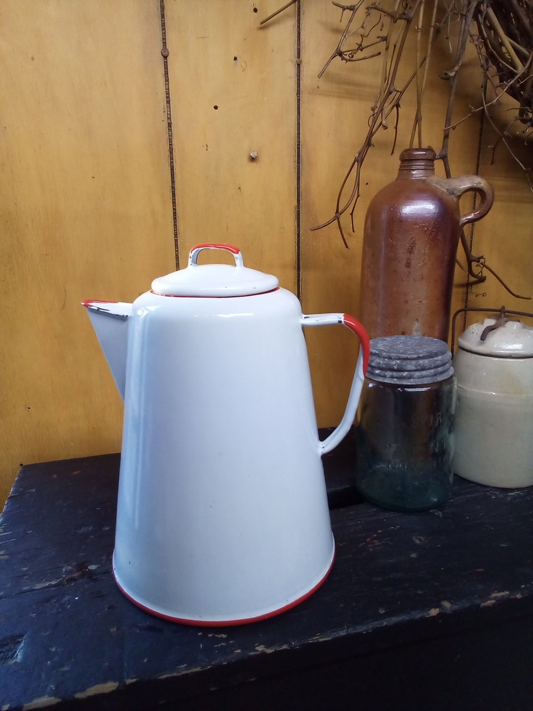 Coffee Pot / Vintage White Enamelware Coffee Pot With Red Trim ... Coffee Pot / Vintage White Enamelware Coffee Pot With Red Trim ...