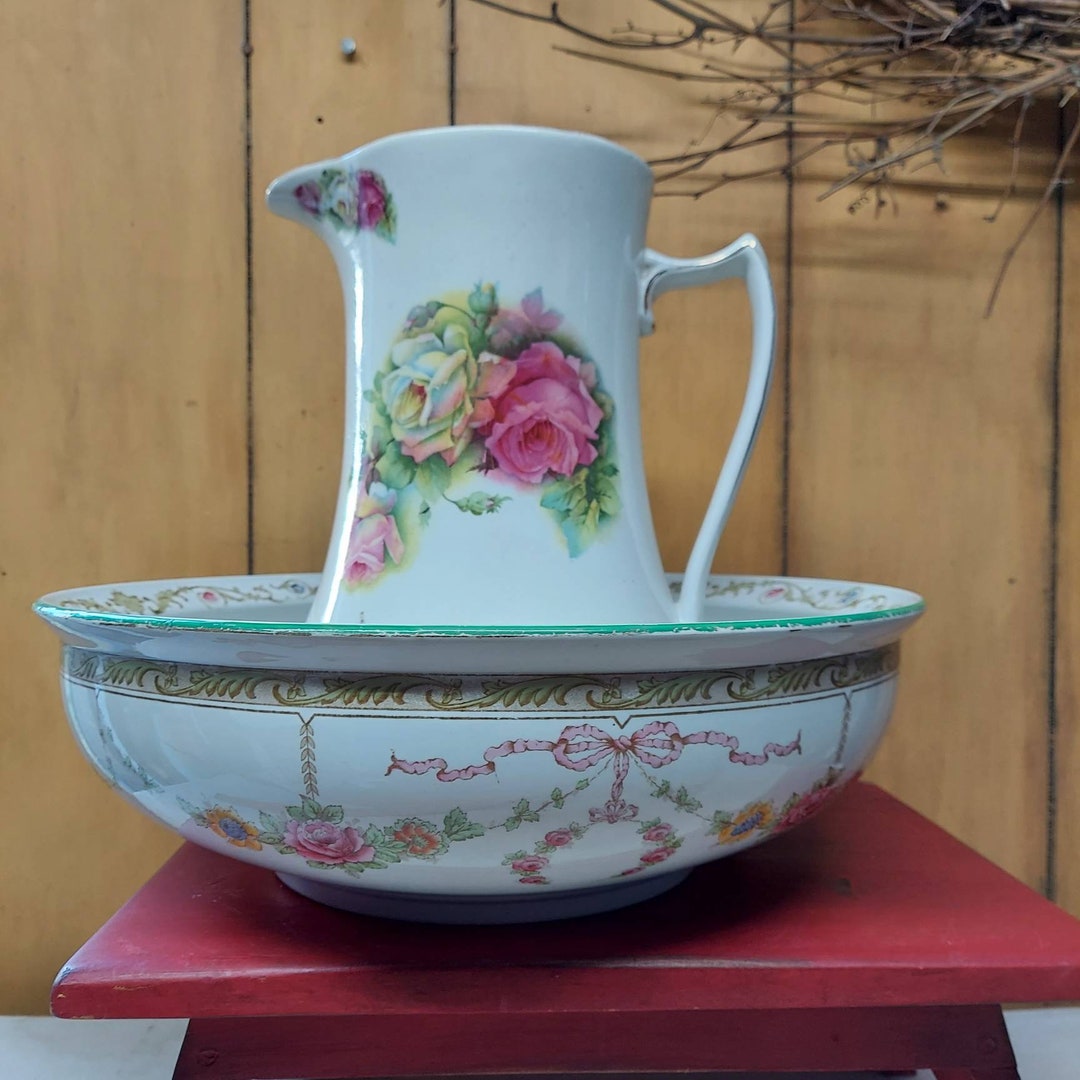 Antique Porcelain Pitcher and Bowl Set: English Rose Design - Etsy