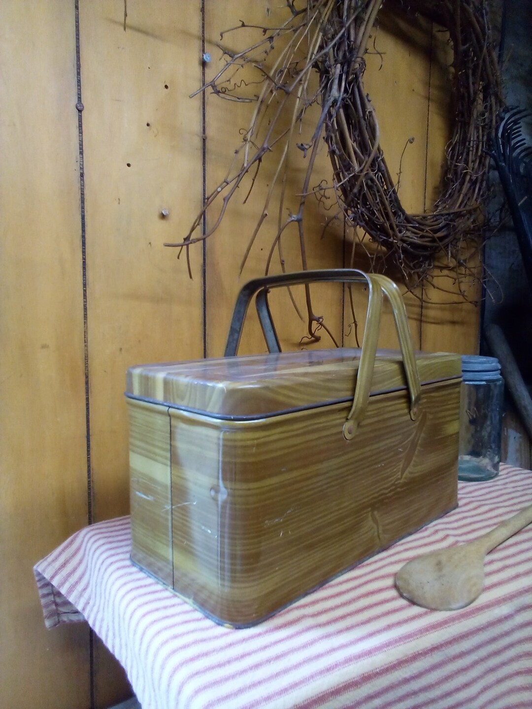 Vintage Wood Litho Metal Bread Box: 1950s Picnic Basket, Shabby Chic ...