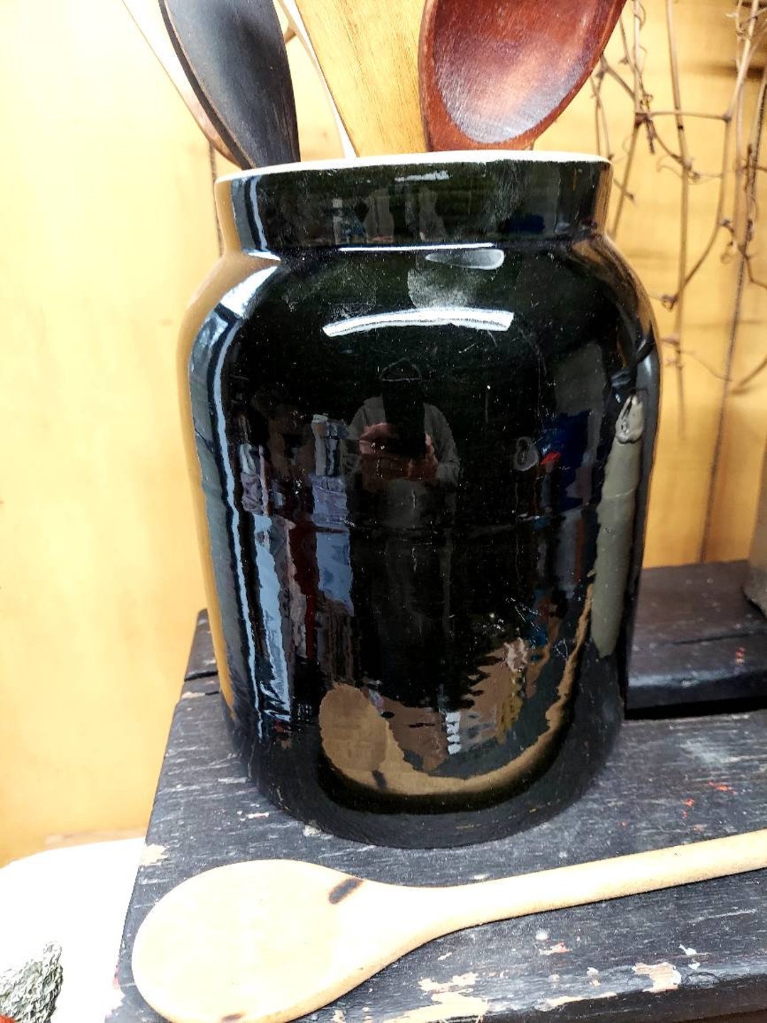 Crock /antique 2 Gallon Crock / 2 Gallon Dark Brown High Gloss Glaze ...