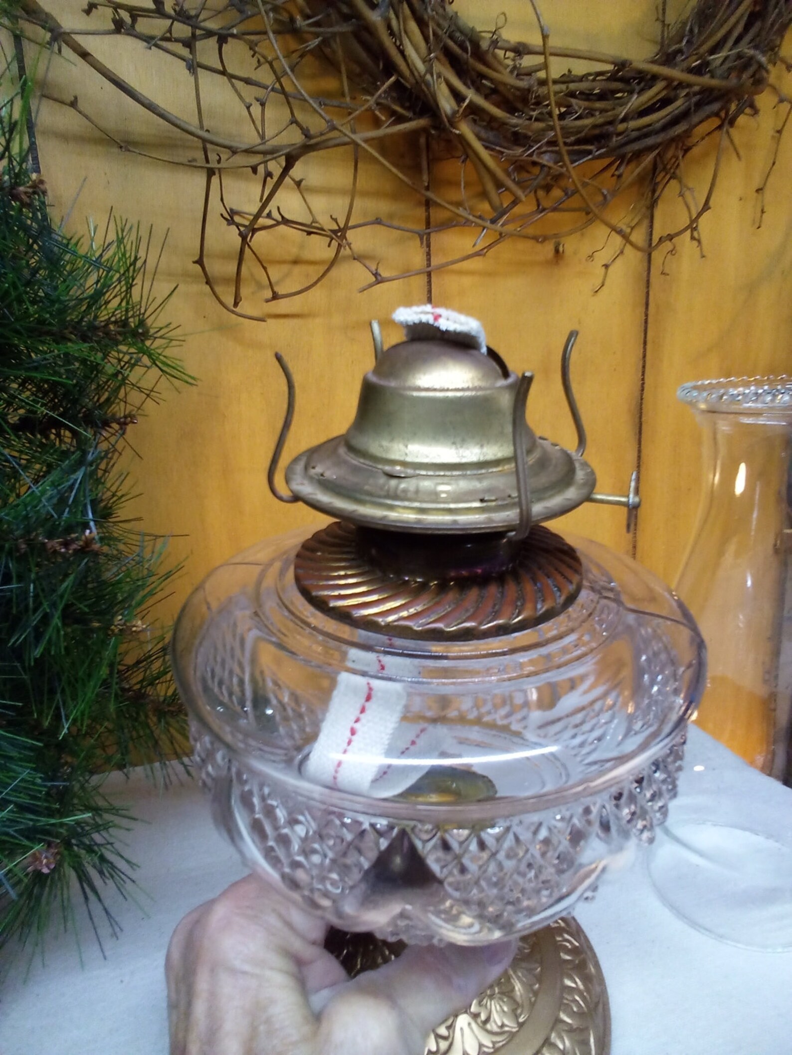 Oil Lamp / Vintage Unusual Metal and Glass Oil Lamp / Oil Lamp With ...