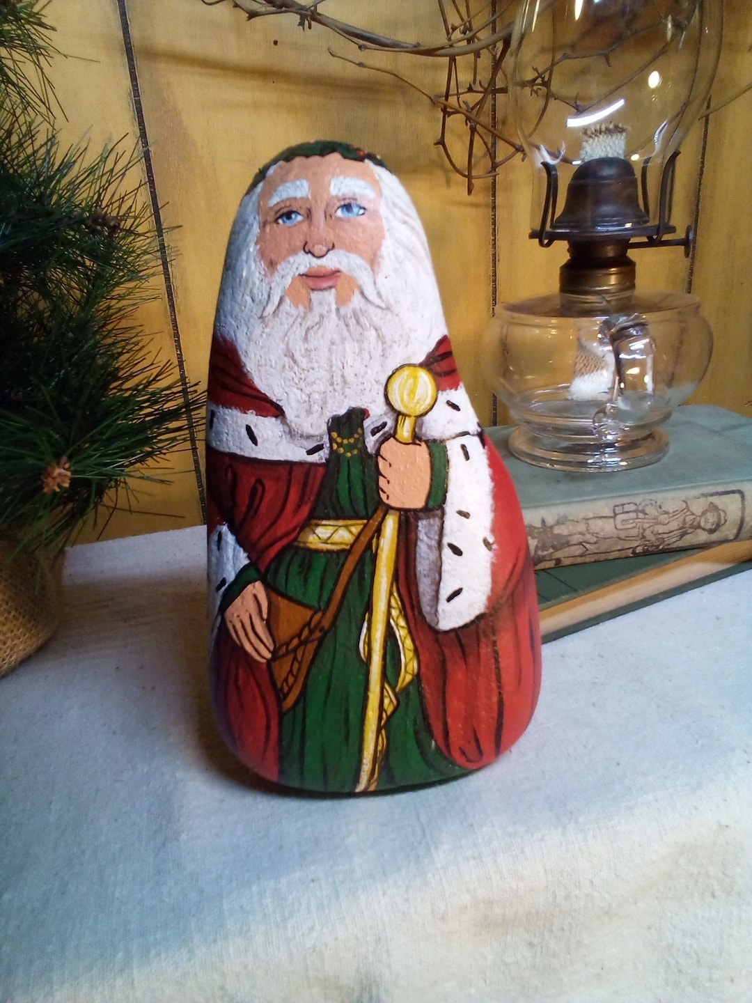 Santa/exceptional Hand Painted STONE Santa /signed by A Very Talented ...