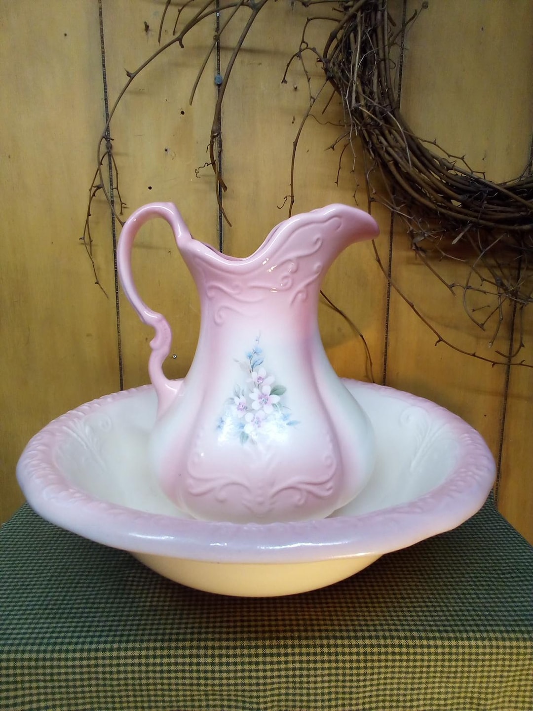 Pitcher and Bowl Set / Large Vintage Ironstone White and Pink ...