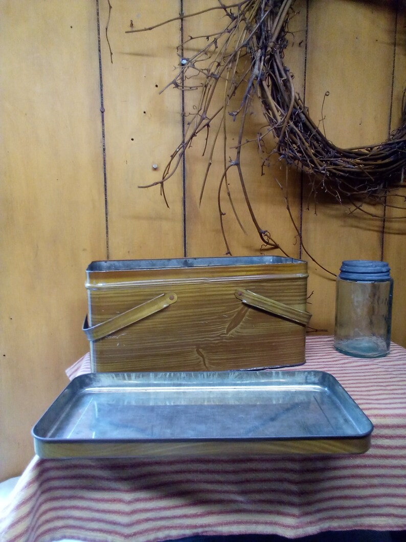 Vintage Wood Litho Metal Bread Box: 1950s Picnic Basket, Shabby Chic ...
