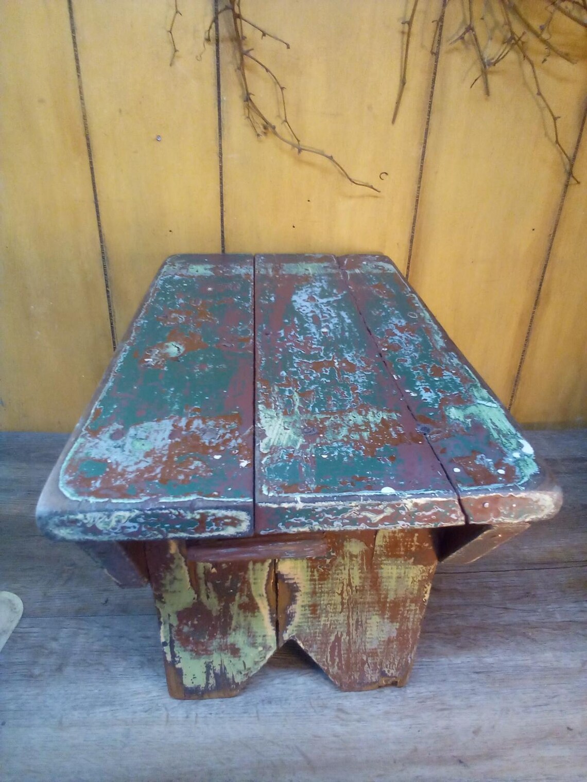 Primitive Farmhouse Unique Wood Foot Stool: Brown, Green & White Bench ...