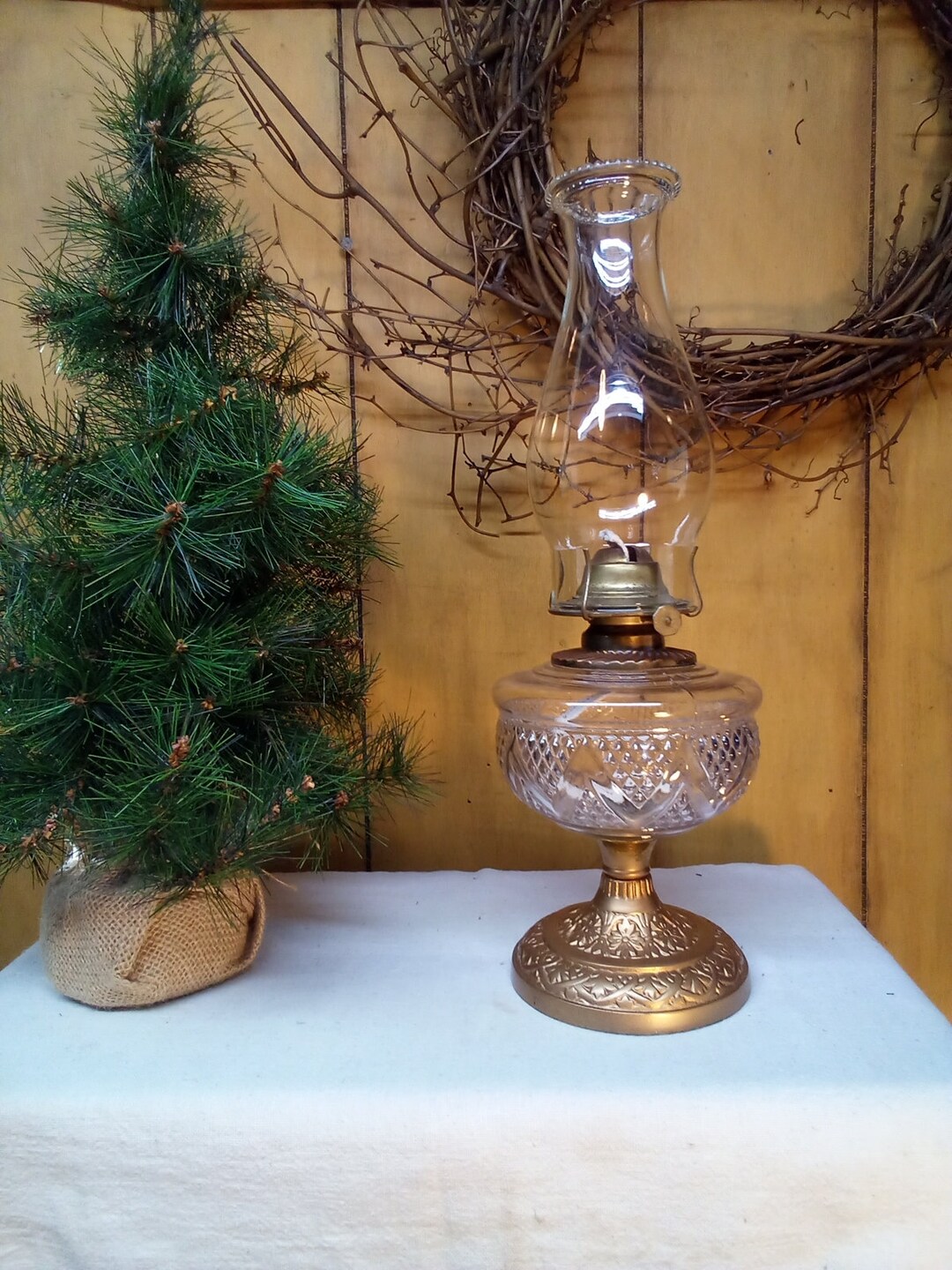 Oil Lamp / Vintage Unusual Metal and Glass Oil Lamp / Oil Lamp With ...