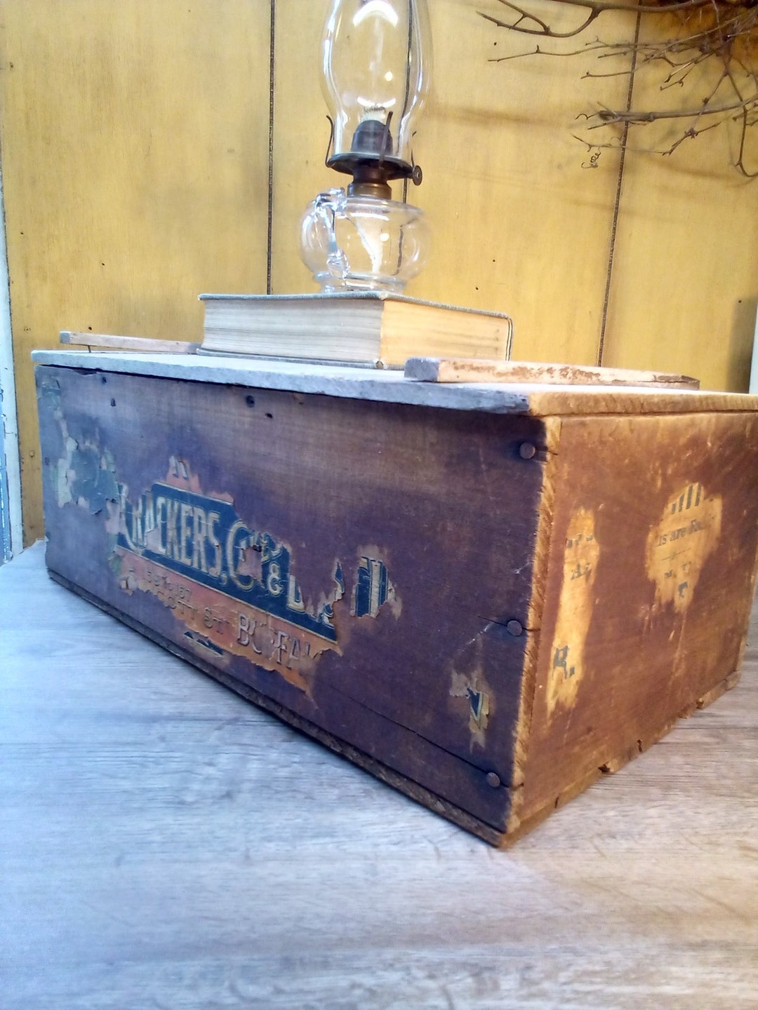 Box / Antique Wood Cracker Crate Box / as Found Partial Label Antique ...