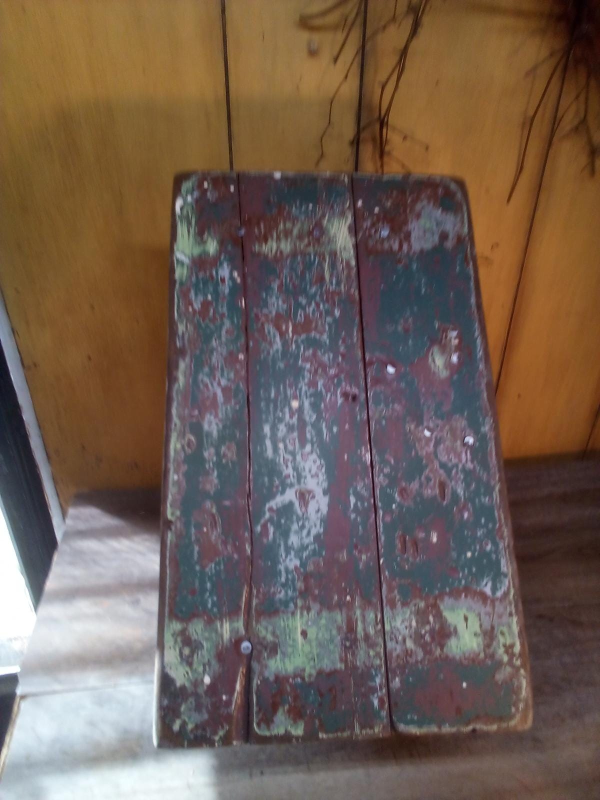 Primitive Farmhouse Unique Wood Foot Stool: Brown, Green & White Bench ...