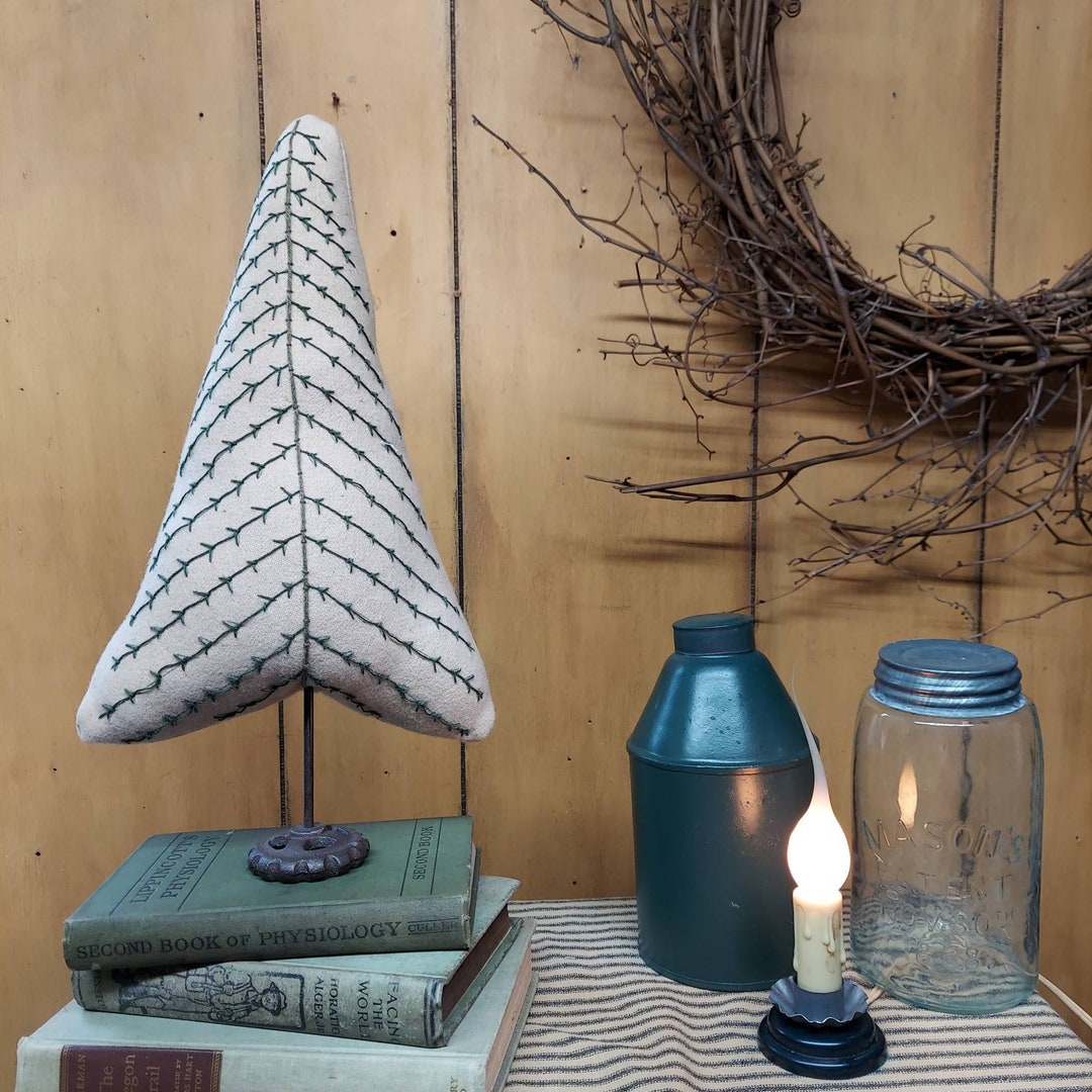 Primitive 16 Inch Tall Handmade Hand Stitched Pine Tree / Ecru Wool ...