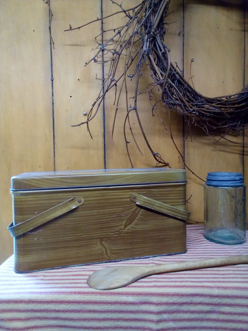 Vintage Wood Litho Metal Bread Box: 1950s Picnic Basket, Shabby Chic ...