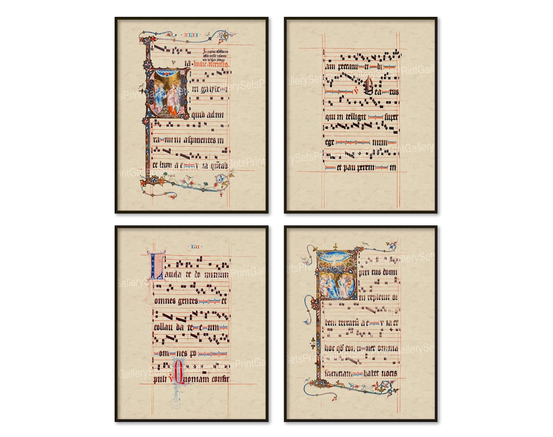 Illuminated Music Manuscript Pages Set of 4 Antiphonal Latin Chants ...