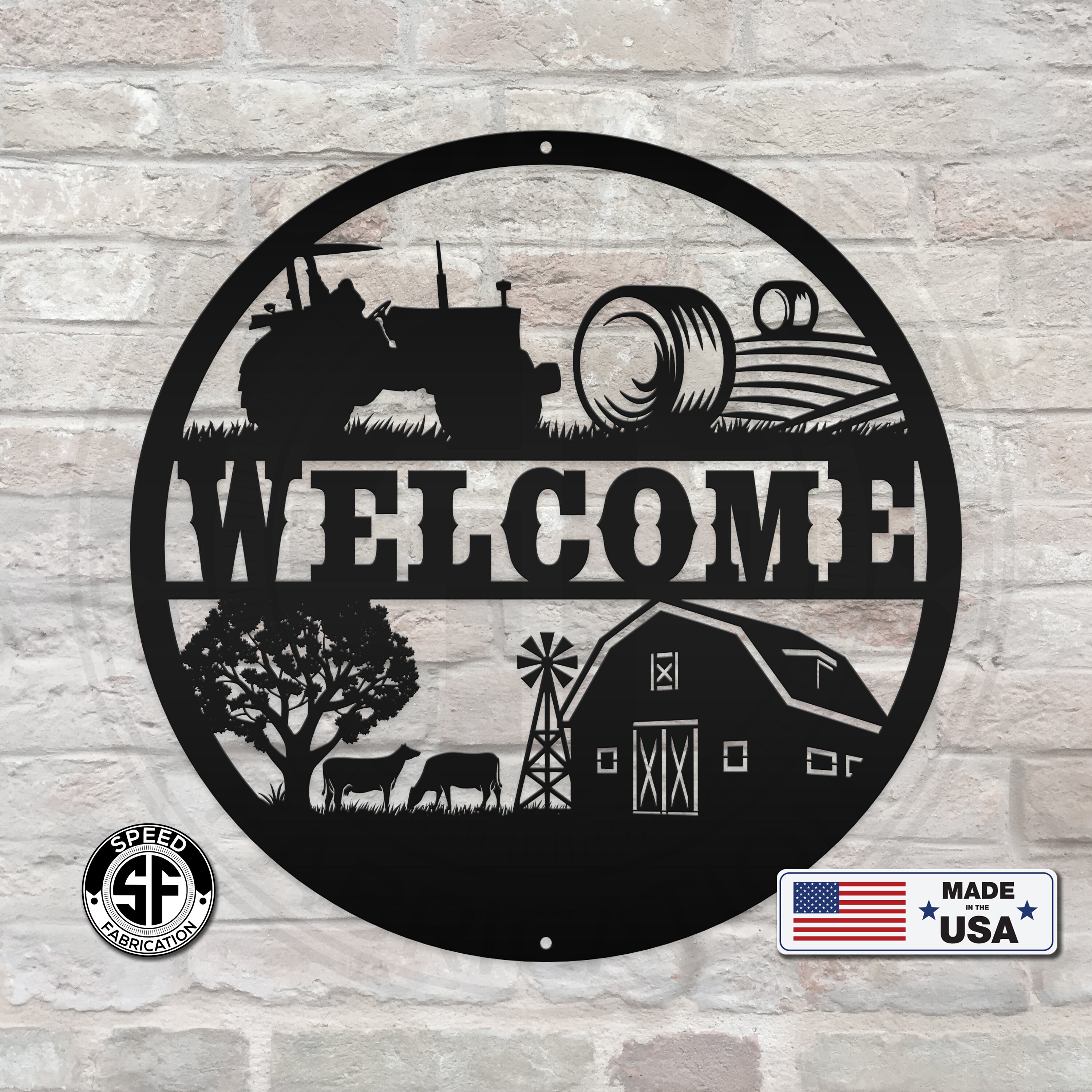 Round Farm Scene Welcome Metal Sign - Etsy