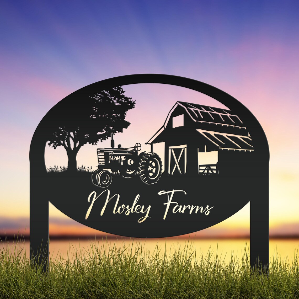 Metal Farm Sign Customizable With Rustic Tractor and Barn With Yard ...