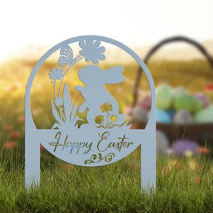 Outdoor Happy Easter Metal Yard Stake - Easter Bunny Sign With Flowers ...