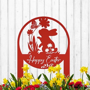 Outdoor Happy Easter Metal Yard Stake - Easter Bunny Sign With Flowers ...