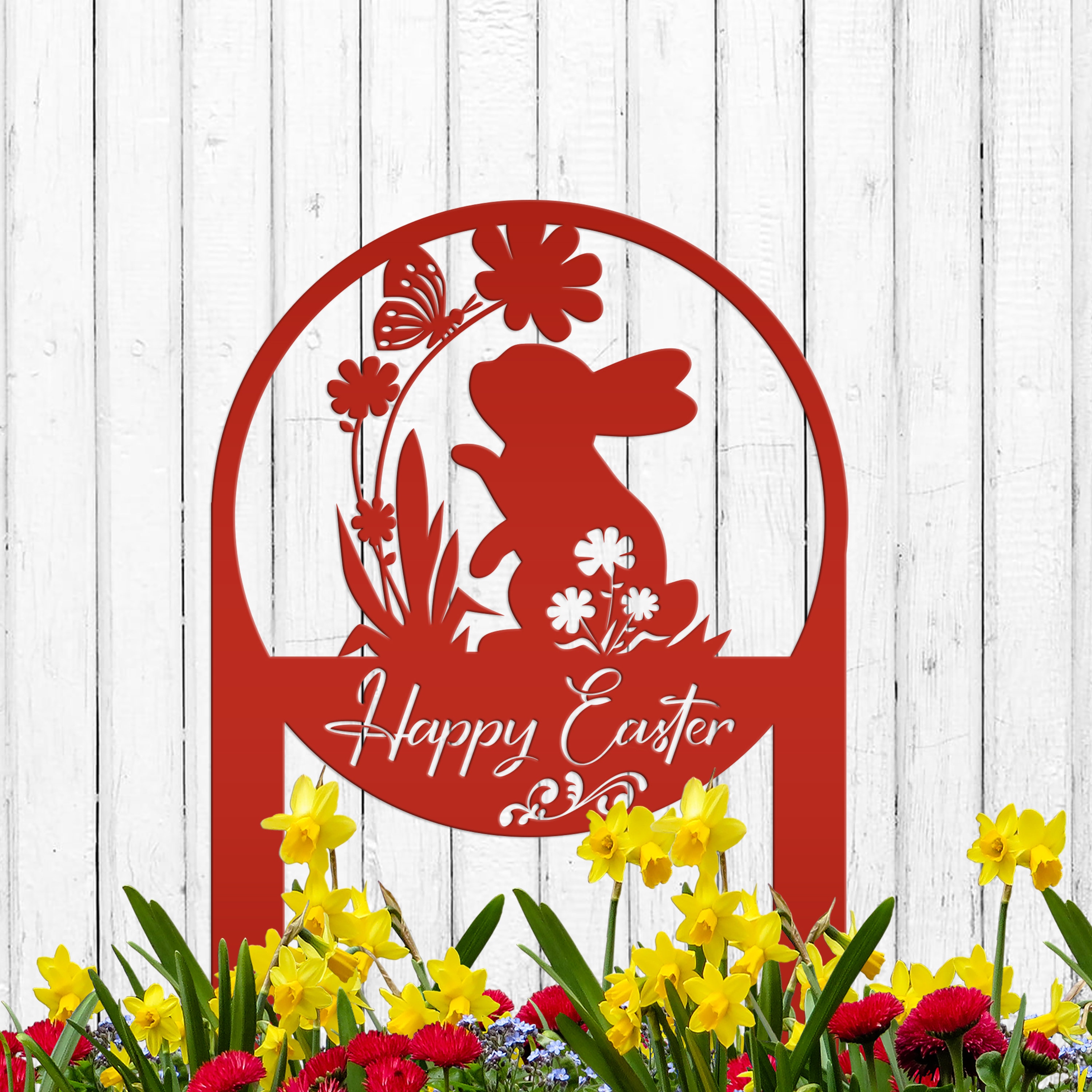 Outdoor Happy Easter Metal Yard Stake - Easter Bunny Sign With Flowers ...