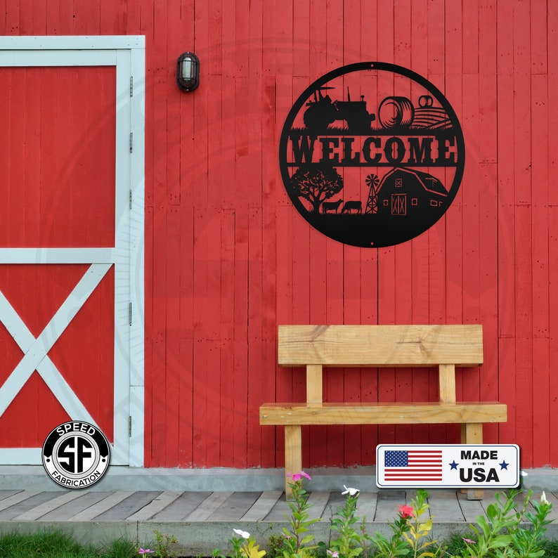 Round Farm Scene Welcome Metal Sign - Etsy