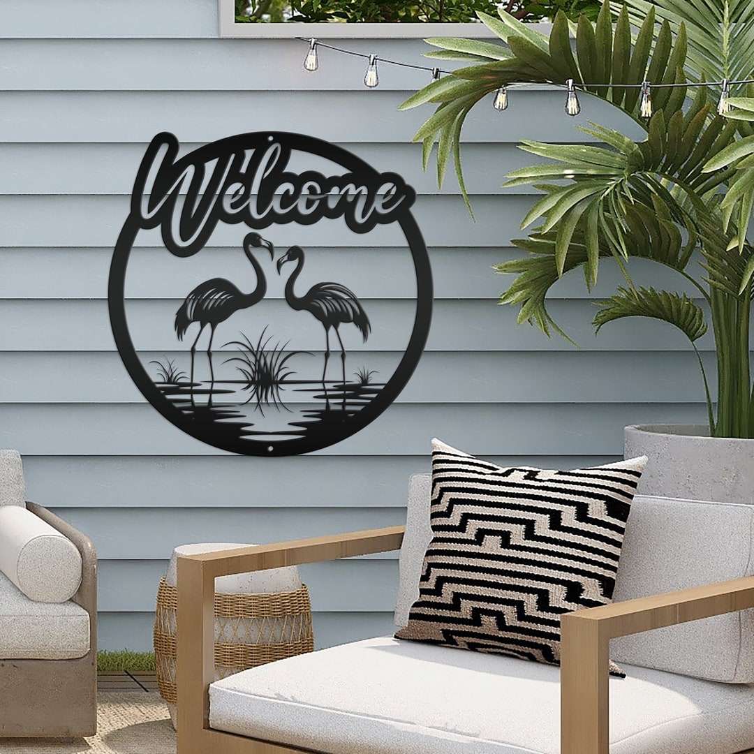 Fun Flamingo Welcome Sign – Stylish Metal Wall Art - Flamingos Front ...