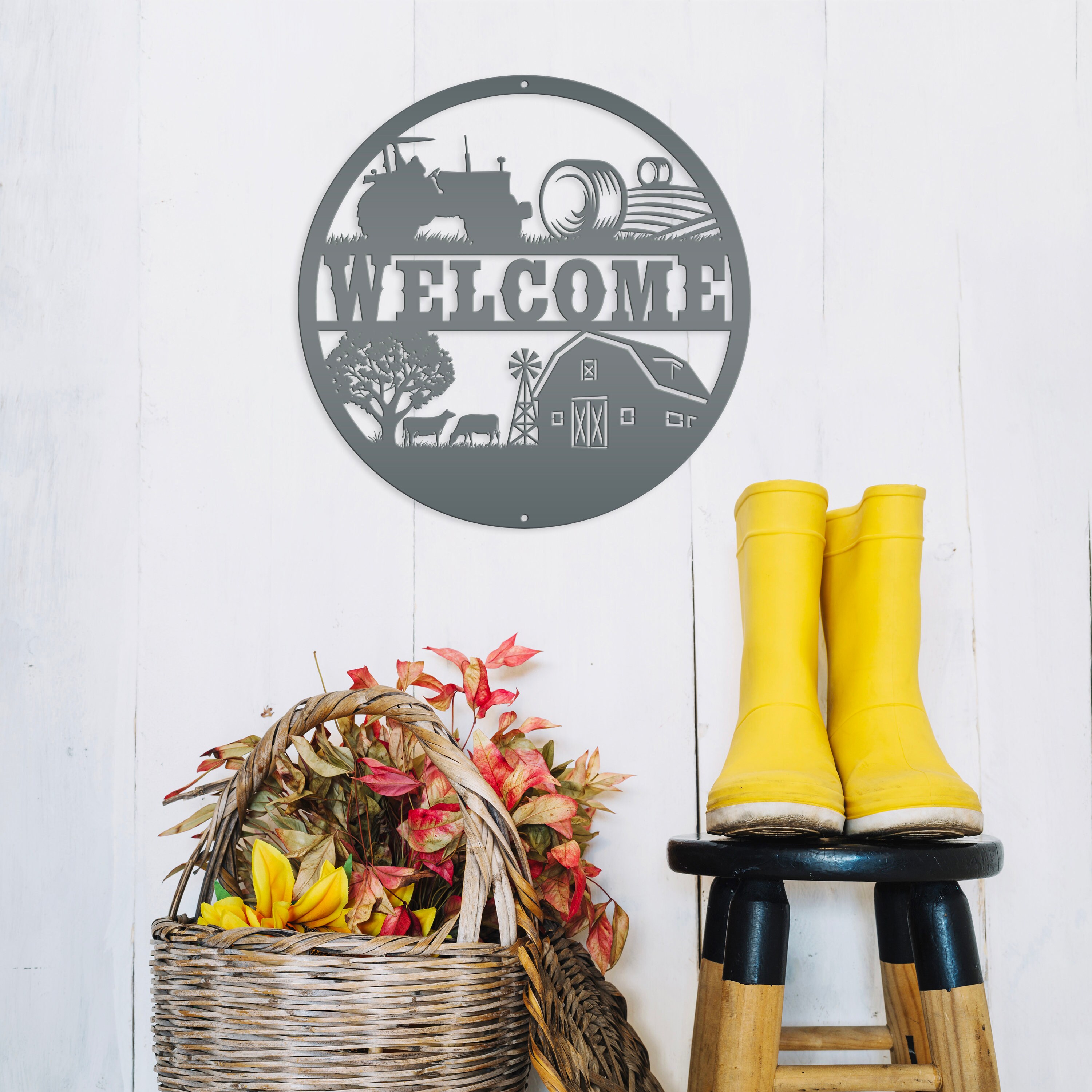 Round Farm Scene Welcome Metal Sign | Etsy