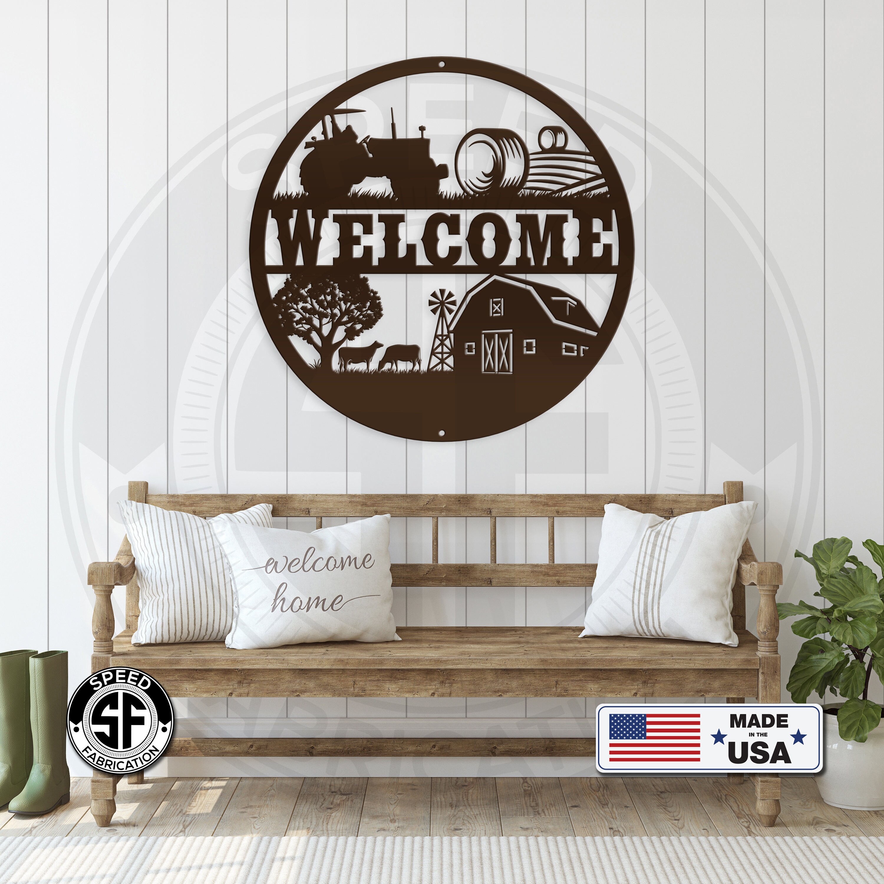 Round Farm Scene Welcome Metal Sign - Etsy