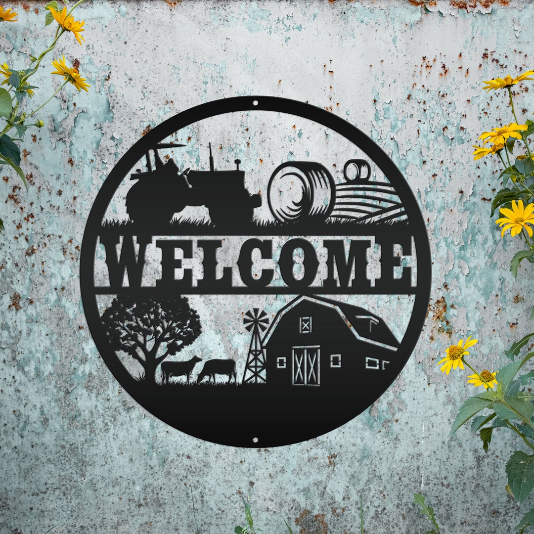 Round Farm Scene Welcome Metal Sign - Etsy