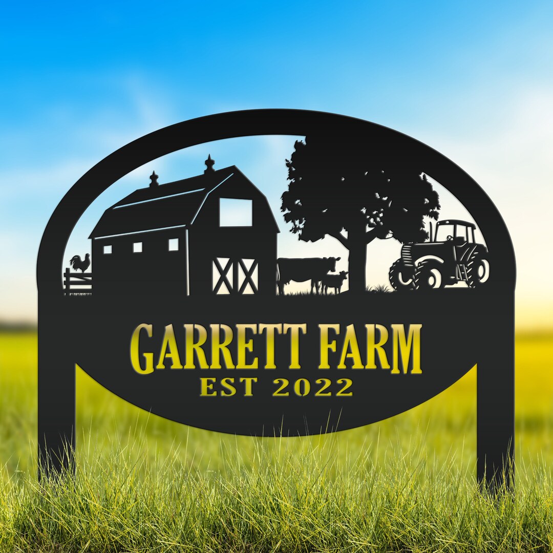 Farm Sign Metal Outdoor Yard Stake With Tractor Scene, Front Flower Bed ...