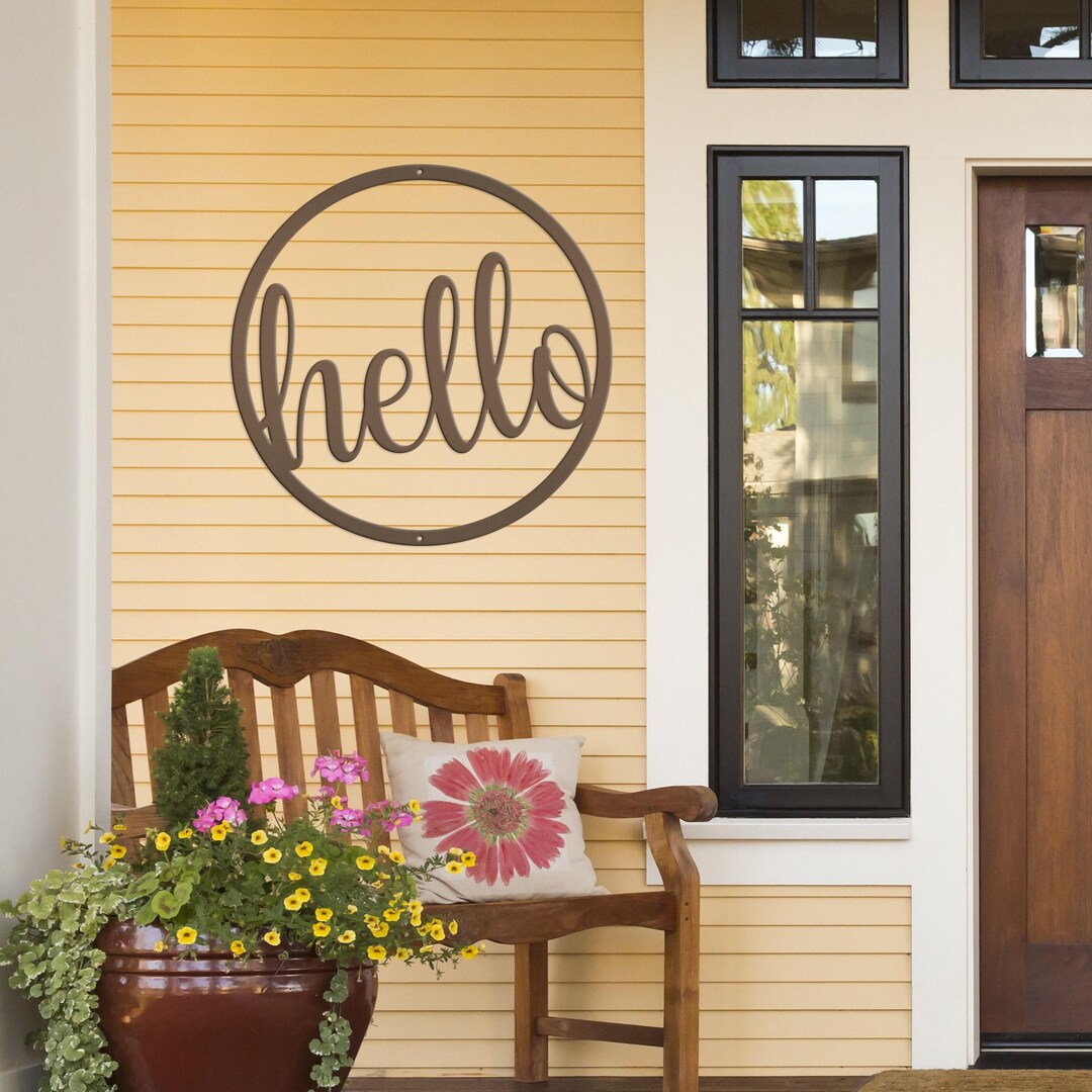 Round Metal Hello Metal Sign, Front Door Sign, Wreath Hanger Sign ...
