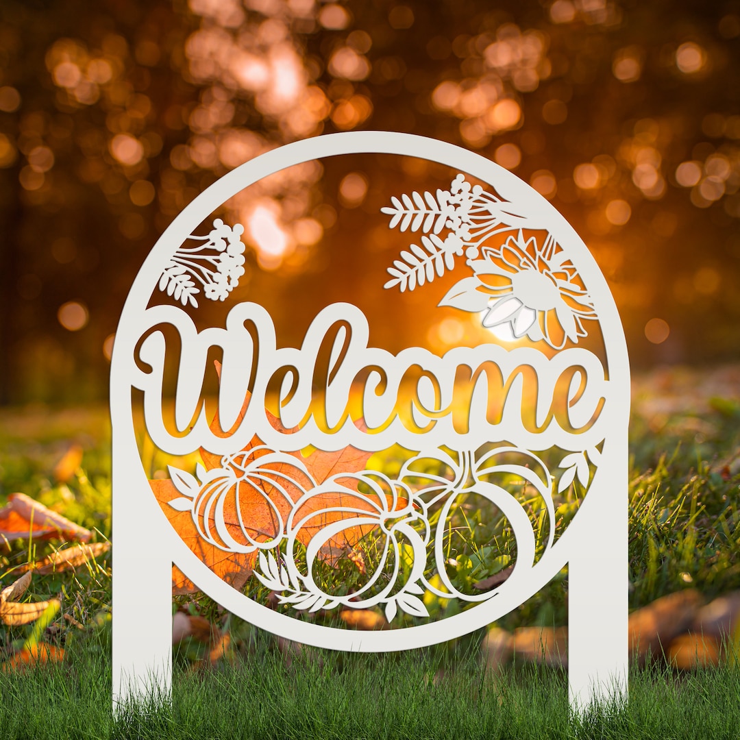 Fall Decor Yard Sign, Metal Lawn Stake, Elegant Autumn Welcome Greeting ...