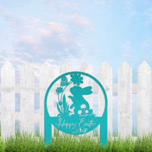 Outdoor Happy Easter Metal Yard Stake - Easter Bunny Sign With Flowers ...